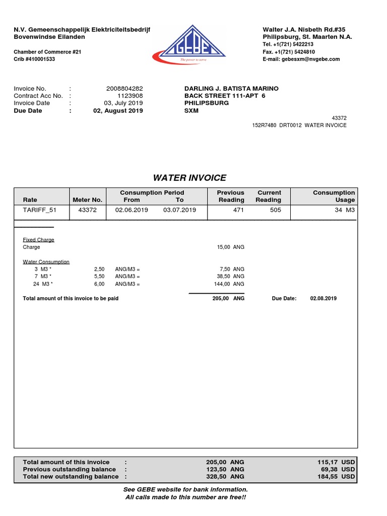 Water Invoice: Invoice No.: 2008804282 Contract Acc No.: 1123908 ...