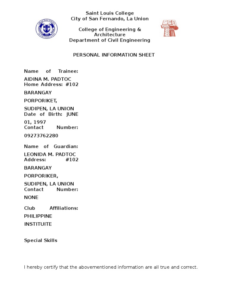 OJT Personal Information Sheet | PDF