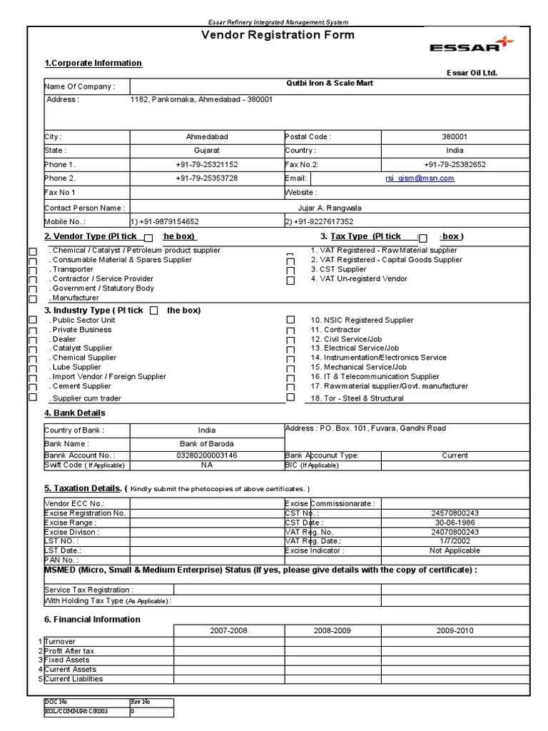 Vendor Registration Form | PDF | Value Added Tax | Taxes