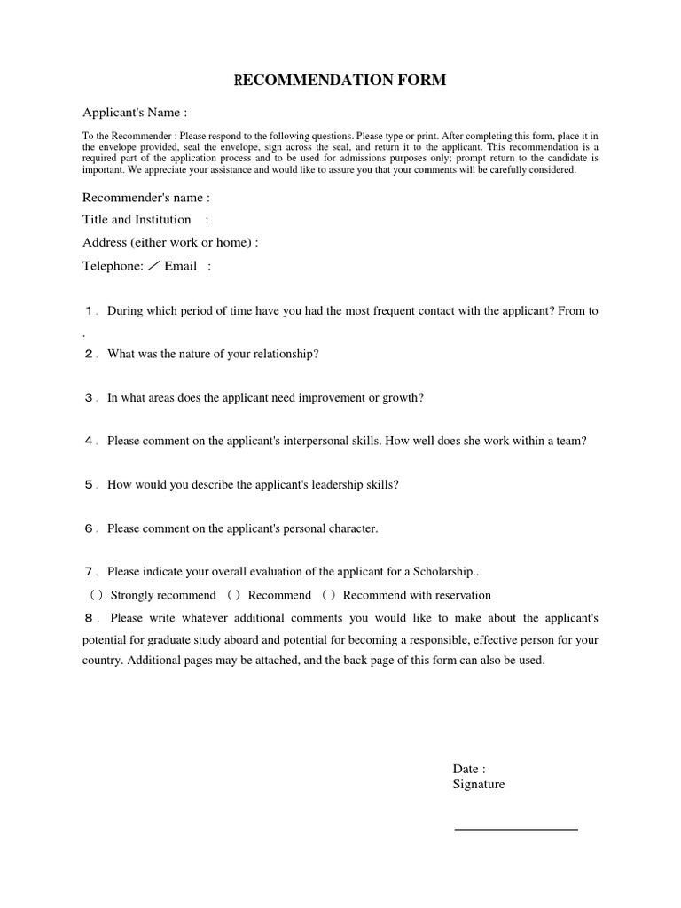 Recommendation Form: Applicant's Name | PDF