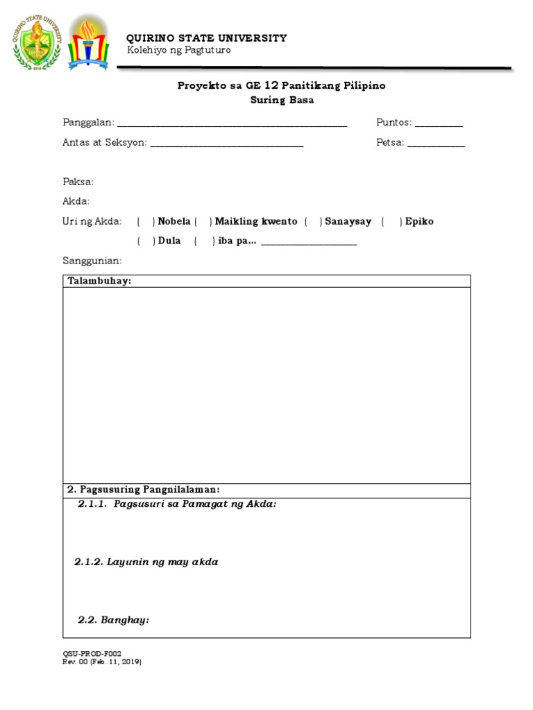 (Format) Batayan Sa Pagsusuri Sa Akda, Una para Sa Tuluyan Ang Ikalawa ...