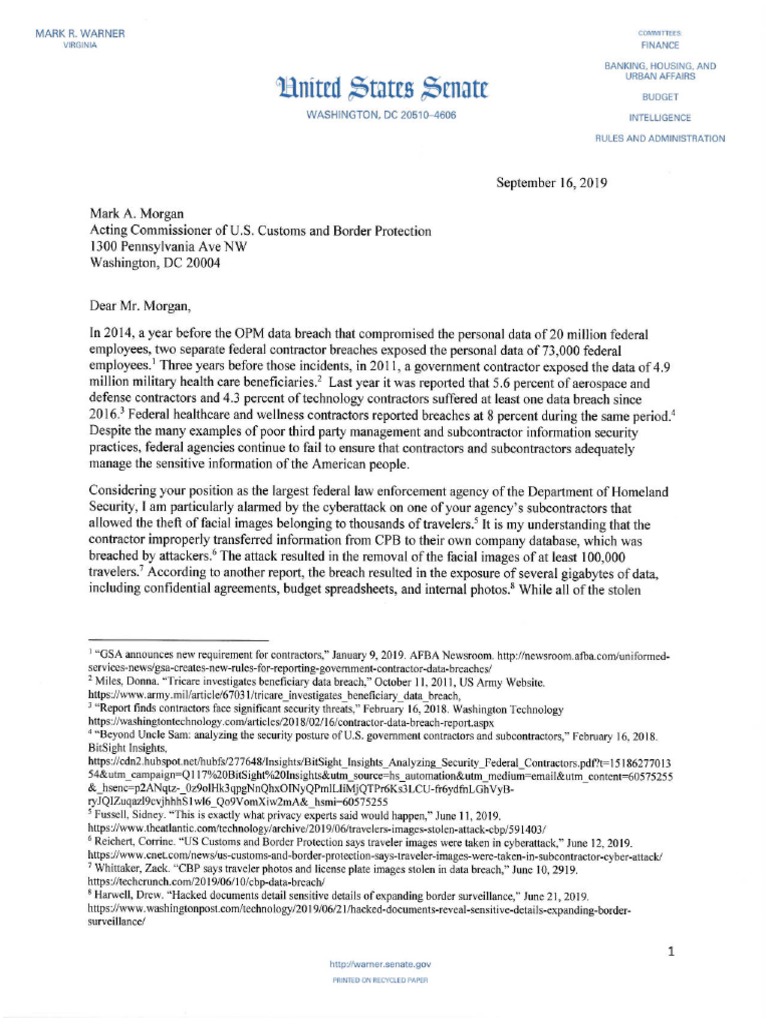 US Customs and Border Protection Contractor Breach Letter