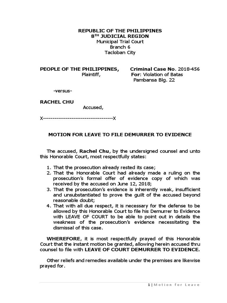 Motion For Leave To File Demurrer | PDF | Demurrer | Prosecutor