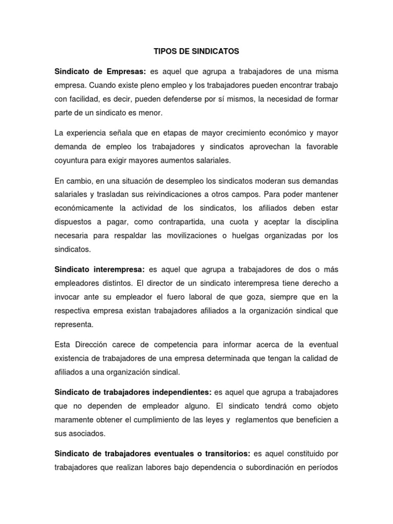 Tipos de Sindicatos | PDF | Sindicato | Labor