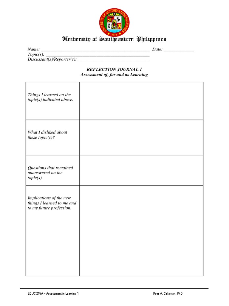 University of Southeastern Philippines: Reflection Journal 1 Assessment ...