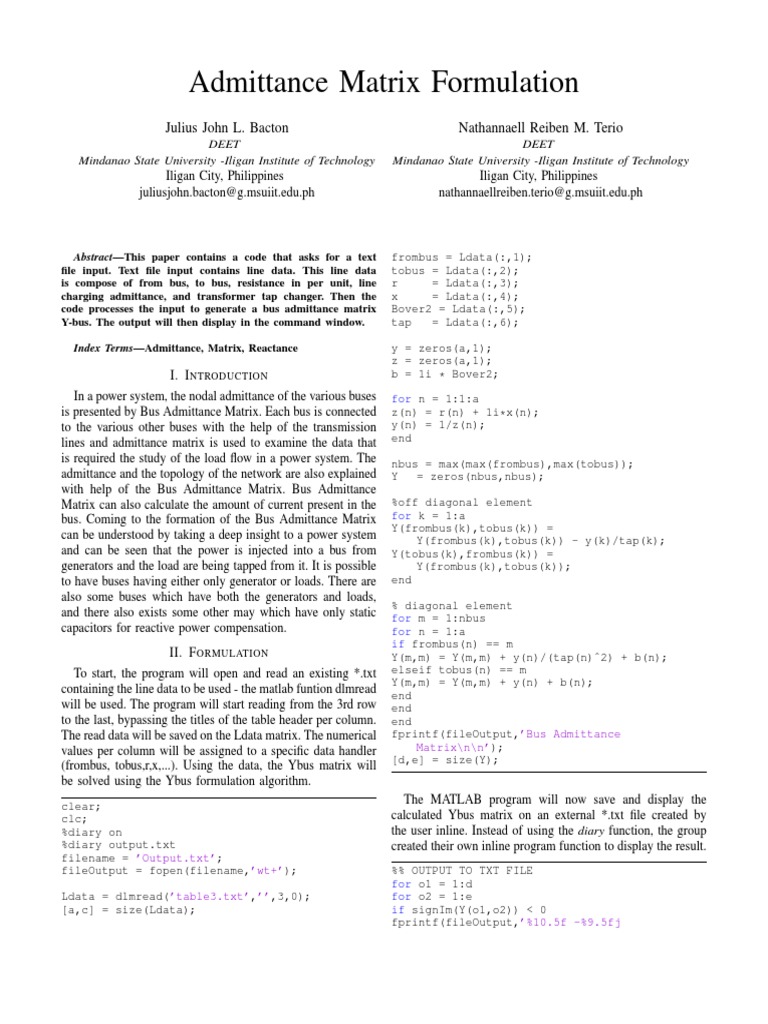 Admittance Matrix Formulation | PDF | Filename | Matrix (Mathematics)
