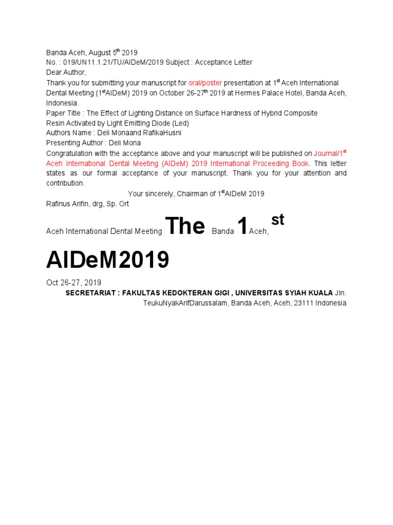 Acceptance Letter Deli Mona | PDF