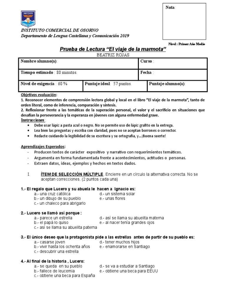 Control de Lectura El Viaje de La Marmota | PDF | Artes del Lenguaje y ...