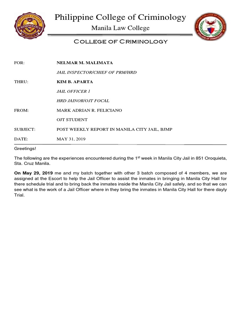 BJMP Weekly Report Ojt | PDF