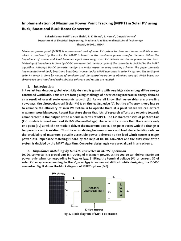 Implementation of Maximum Power Point Tracking (MPPT) in Solar PV Using Buck, Boost and Buck ...