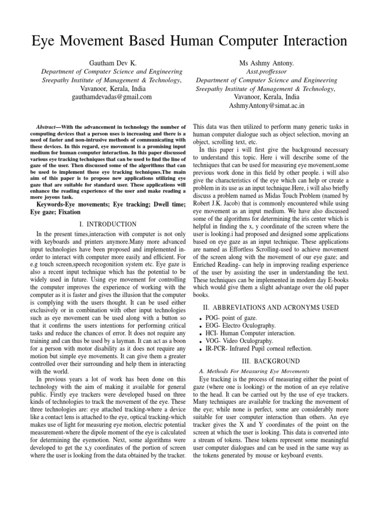 Eye Movement Based Human Computer Interaction | PDF | Vision | Eye