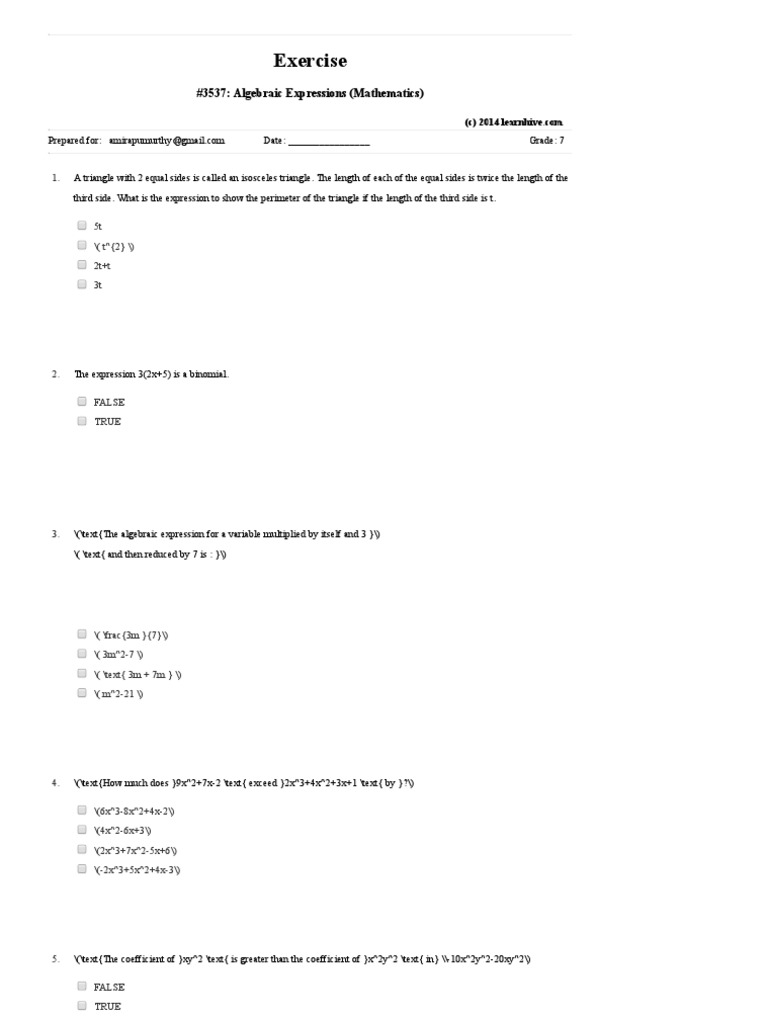 Class 7 Algebraic Expressions Exercises | PDF | Triangle | Mathematical ...