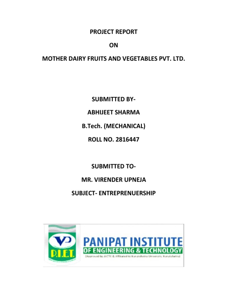 Ent Report Mother Dairy | PDF | Food And Drink | Foods