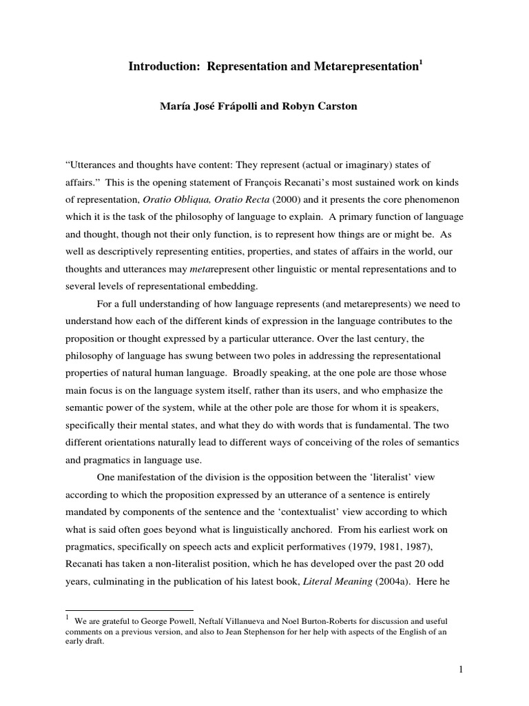 Introduction: Representation and Metarepresentation: María José ...