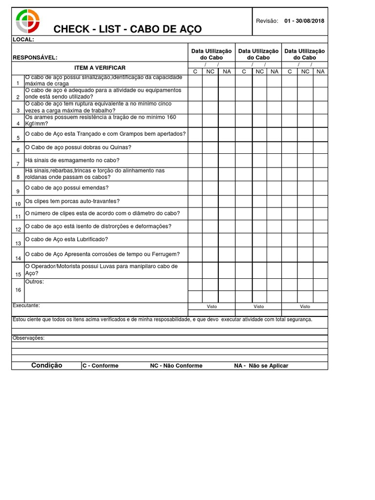 Check List Cabo de Aço | PDF | Aço | Bens manufaturados