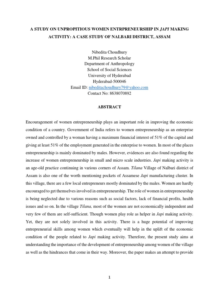 A Study On Uncouraged Women Entrpreneurship in Japi Making Activity ...