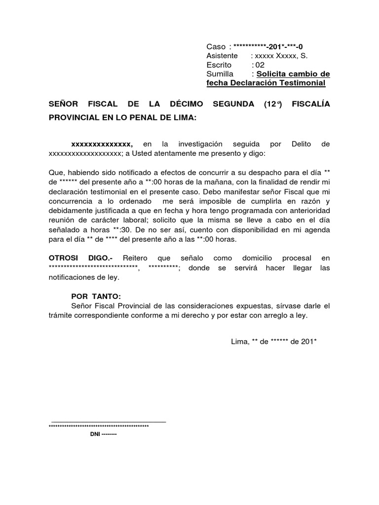 Modelo Solicito Cambio de Fecha Declaracion Testimonial | PDF