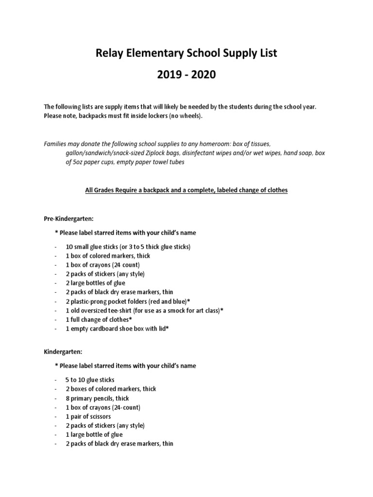 Relay Elementary School Supply List 2019 - 2020: All Grades Require A ...