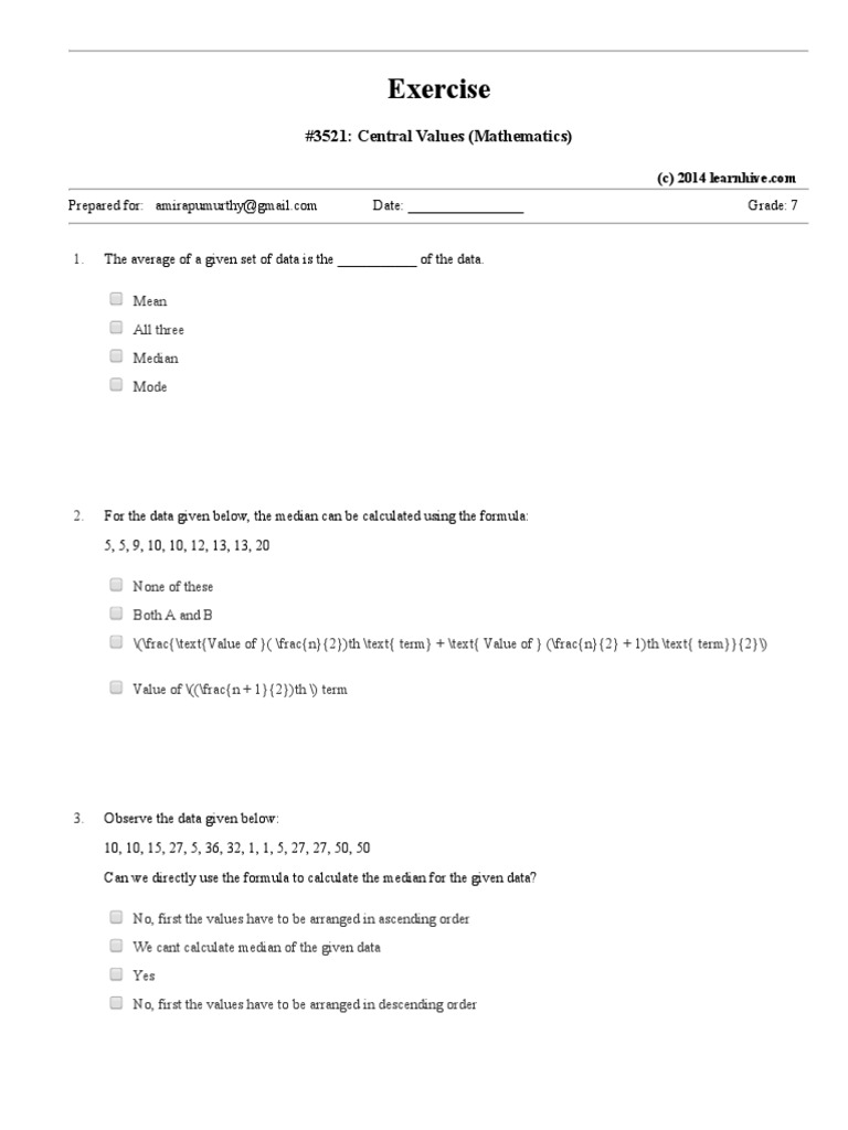 Exercise - Central Values | PDF | Median | Mean
