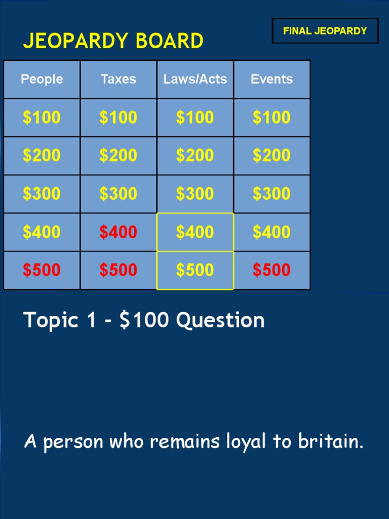 Jeopardy Game - Road To Revolution Review | PDF | American Revolution ...