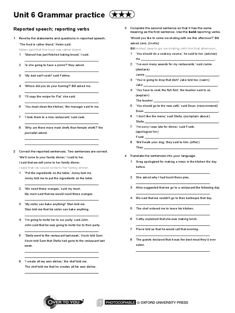 Unit 6 Grammar Practice: Reported Speech Reporting Verbs | PDF | Food And Drink Preparation ...