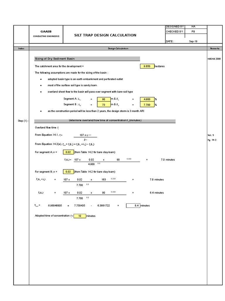 Silt Trap Design Calculation: Gaasb | PDF | Spillway | Drainage Basin