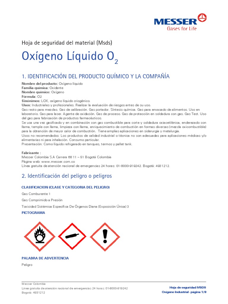Hoja de Seguridad Msds Oxígeno Líquido | PDF | Oxígeno | Combustión