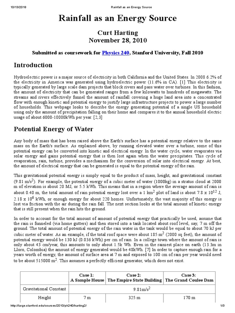 Rainfall As An Energy Source | PDF | Potential Energy | Precipitation
