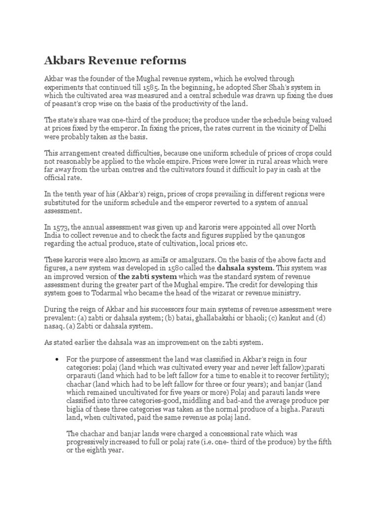 Akbar's Revenue Reforms: Development of the Dahsala System of Land ...