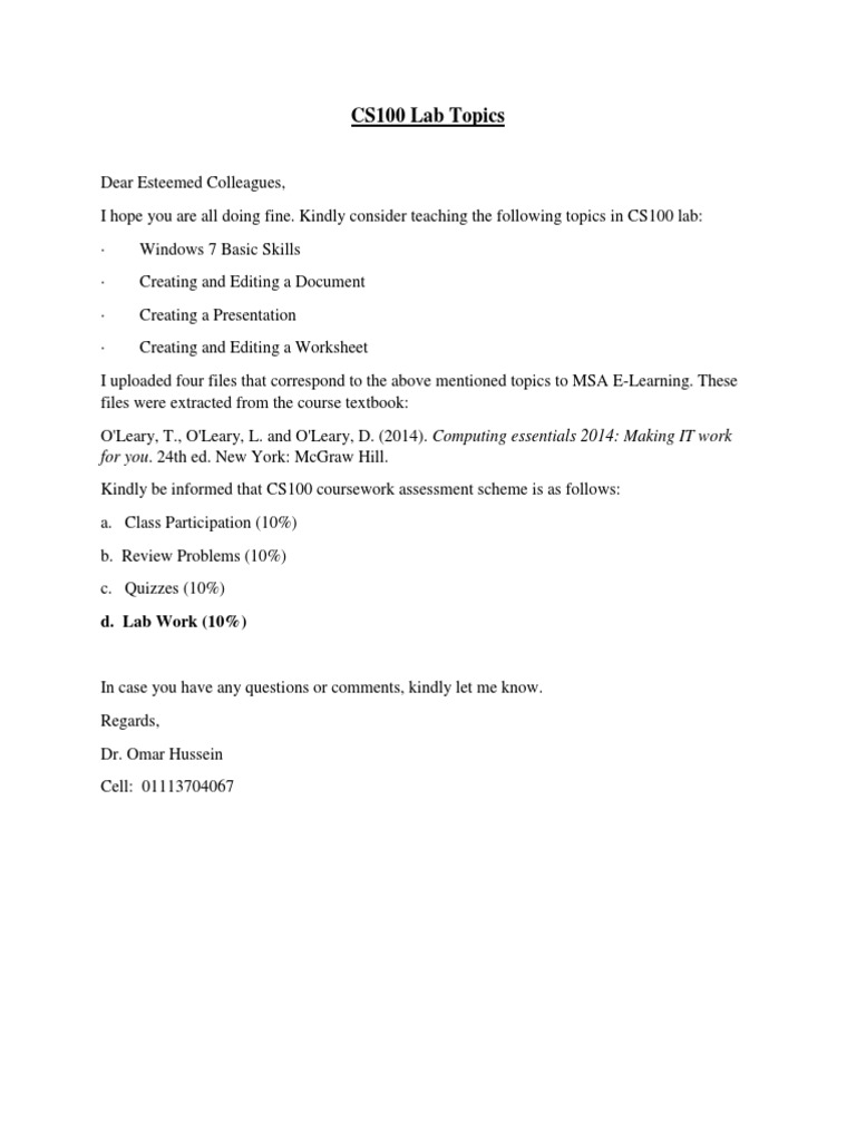 CS100 Lab Topics | PDF
