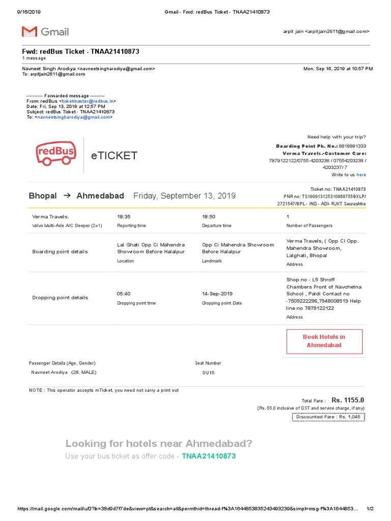 redBus Ticket Details and Hotel Offers | PDF | Ticket (Admission) | Bus