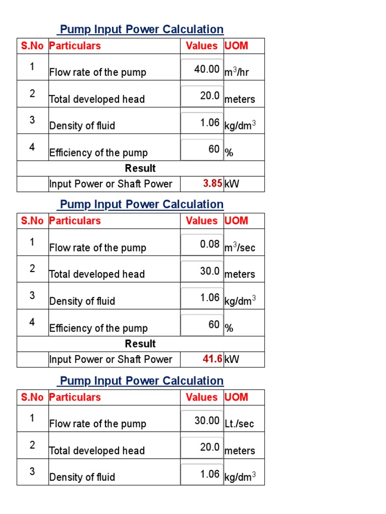 Pump Input Power Calculation: S.No Particulars Values UOM | PDF | Pump ...