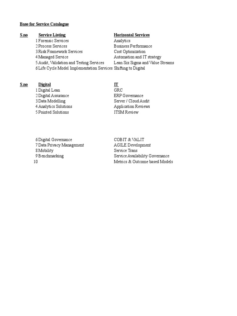 Base For Service Catalogue S.no Service Listing Horizontal Services | PDF