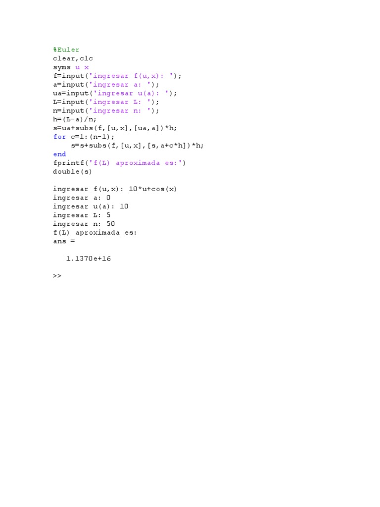 Euler Method MATLAB Code for Solving Differential Equations Numerically | PDF