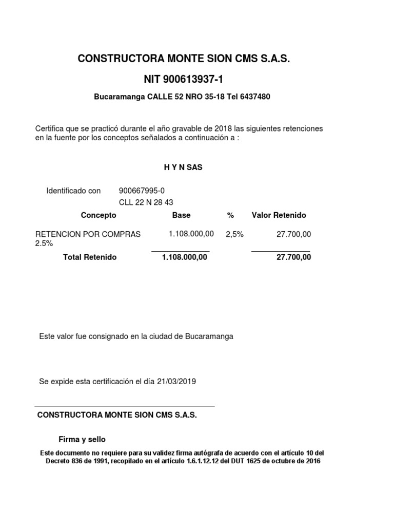 Modelo de Retencion en La Fuente | PDF