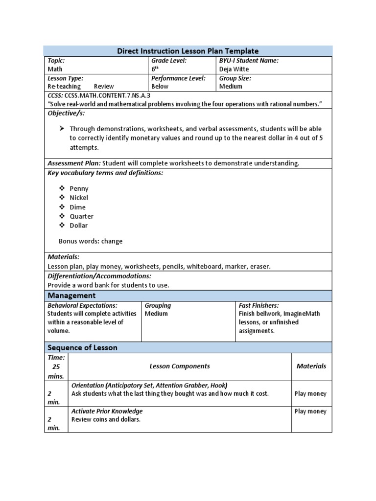Direct Instruction Lesson Plan Template: Objective/s | PDF | Money ...