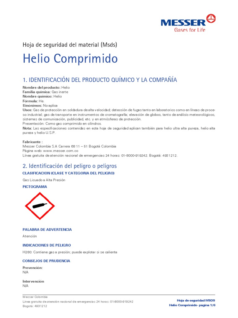 Hoja de Seguridad Msds Helio | PDF | Helio | Oxígeno