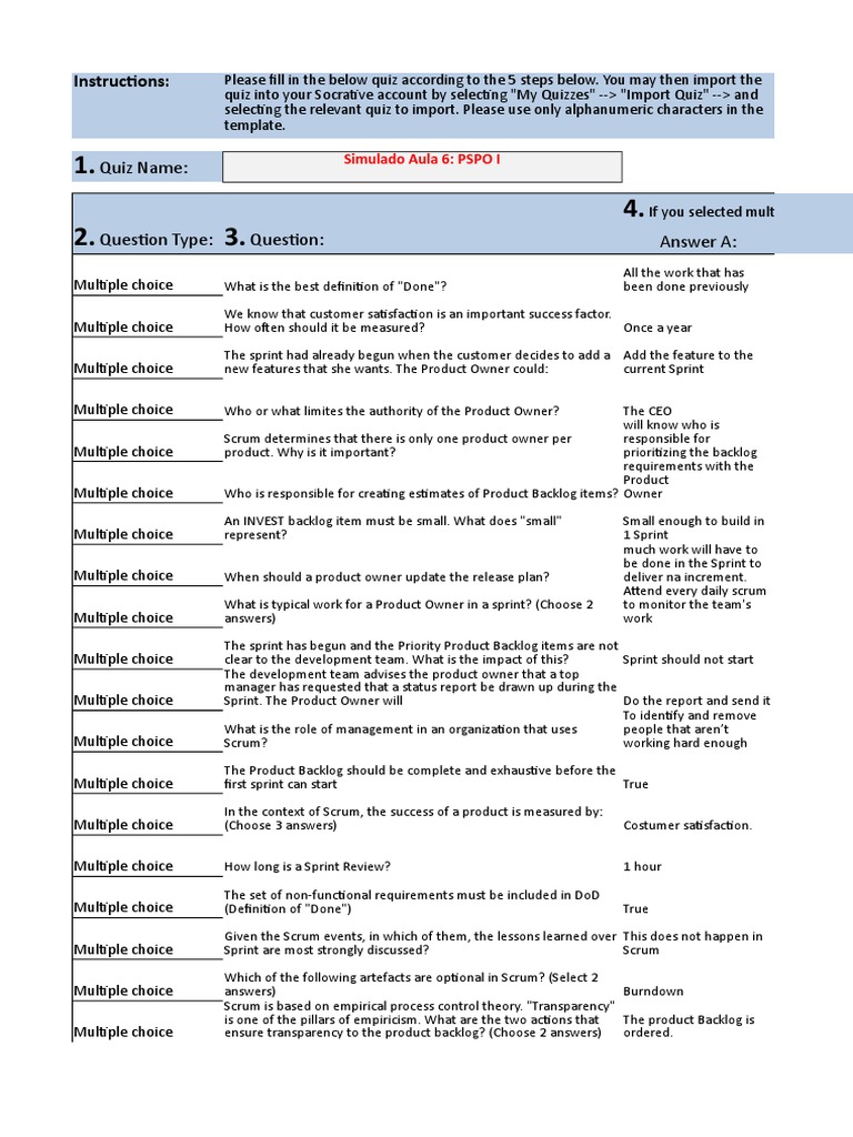 Socrative Quiz Template | PDF | Scrum (Software Development) | Multiple ...