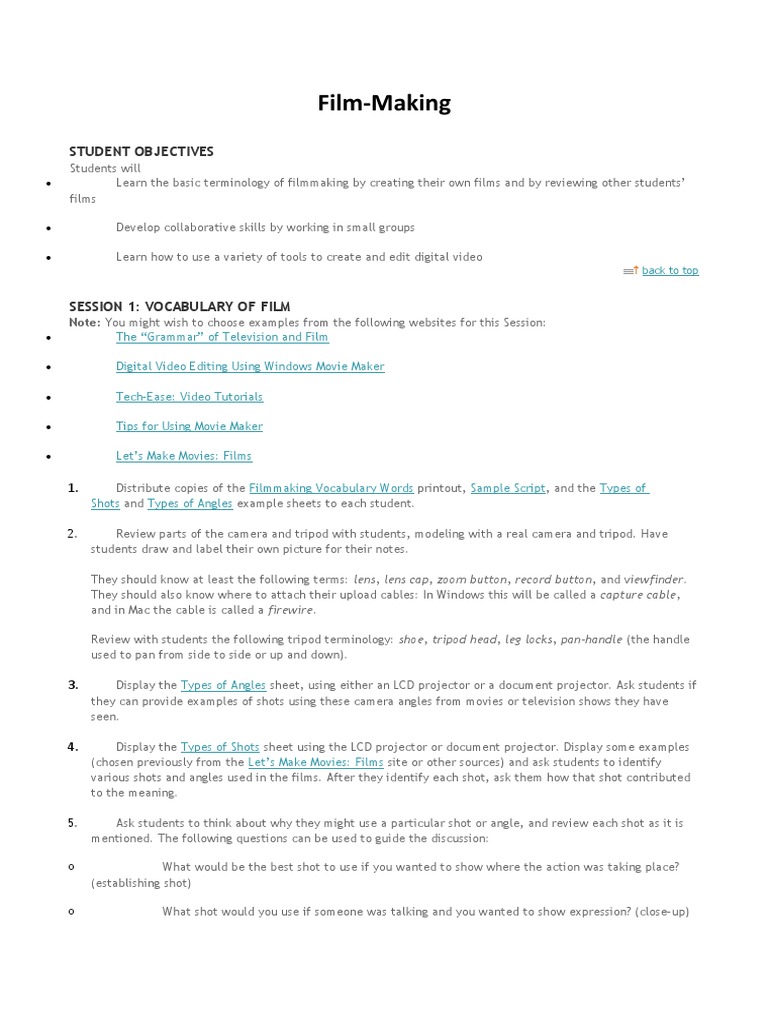 Film-Making: Student Objectives | PDF | Filmmaking | Camera