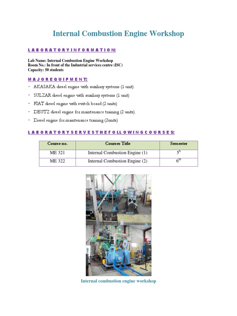 Internal Combustion Engine Workshop: Course No. Courses Title Semester ...