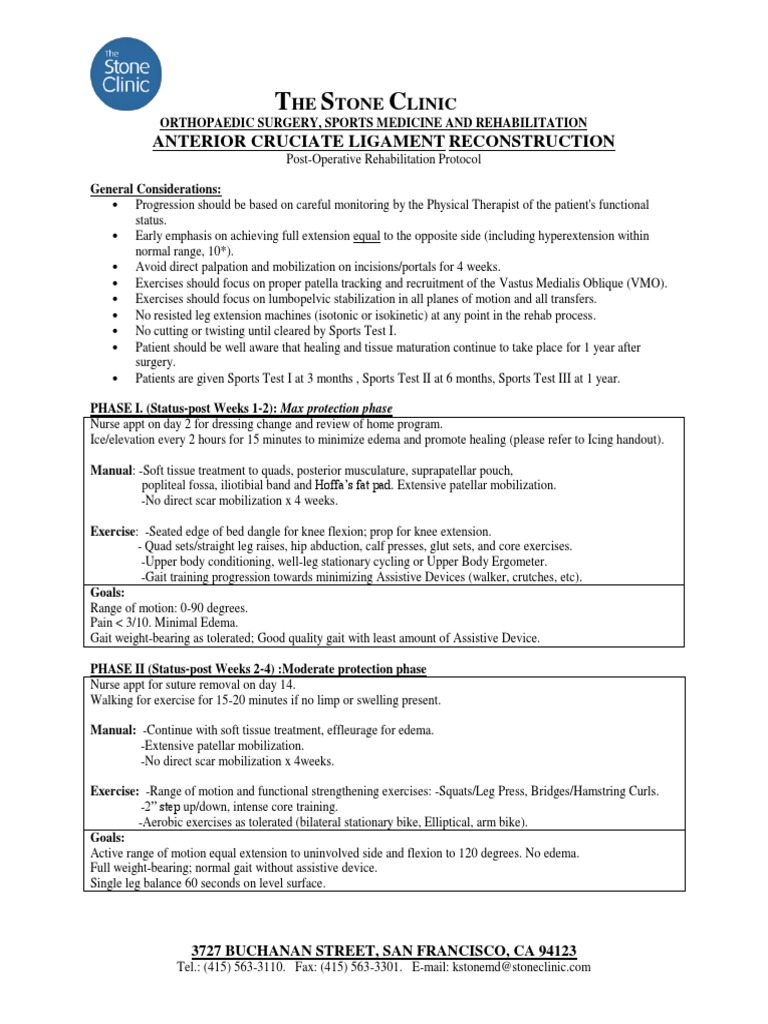 Acl Reconstruction Rehab Protocol The Stone Clinic | PDF | Physical ...