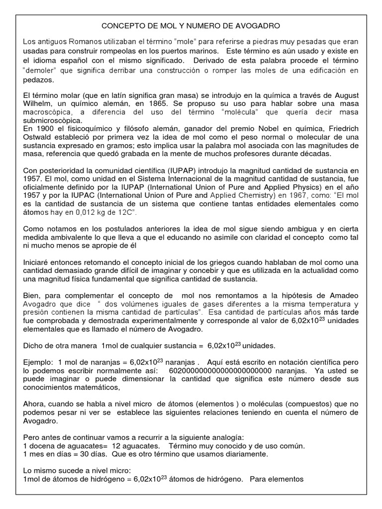 Concepto de Mol y Numero de Avogadro | PDF | Mole (Unidad) | Átomos