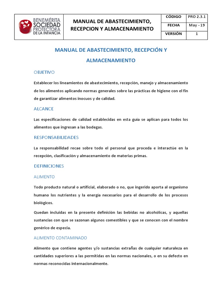 Manual de Abastecimiento, Recepción y Almacenamiento de Materia Prima | Alimentos | Residuos