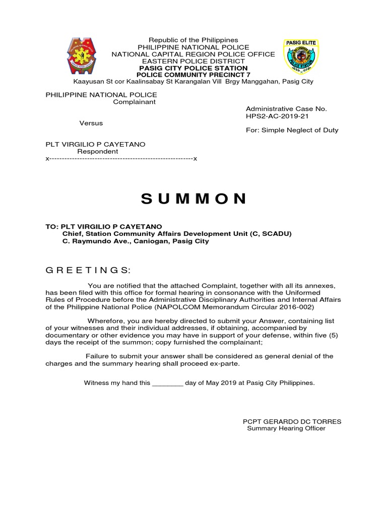 Barangay Summon Letter Sample | PDF | Social Science