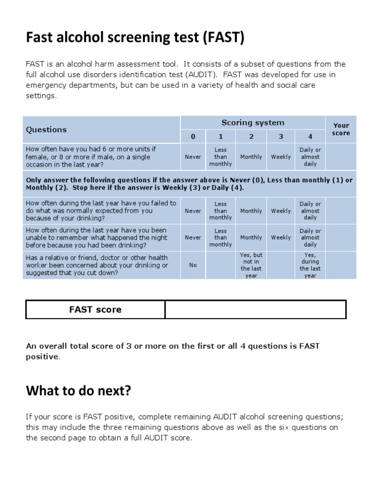 Fast Alcohol Use Screening Test FAST | PDF | Alcoholism | Alcoholic Drinks