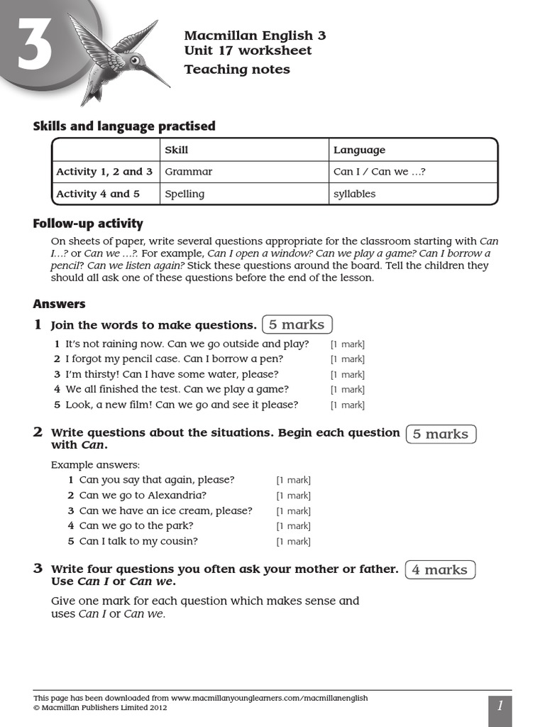 Macmillan English 3 Unit 17 Worksheet Teaching Notes: 5 Marks | PDF ...