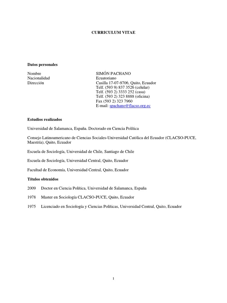 Curriculum Vitae de Simón Pachano | PDF | Ecuador | America latina
