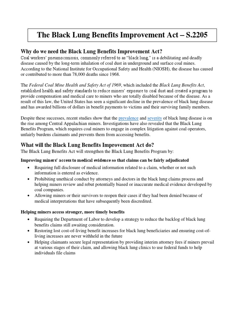 Black Lung Benefits Improvement Act One-Pager | PDF | Coal Mining ...