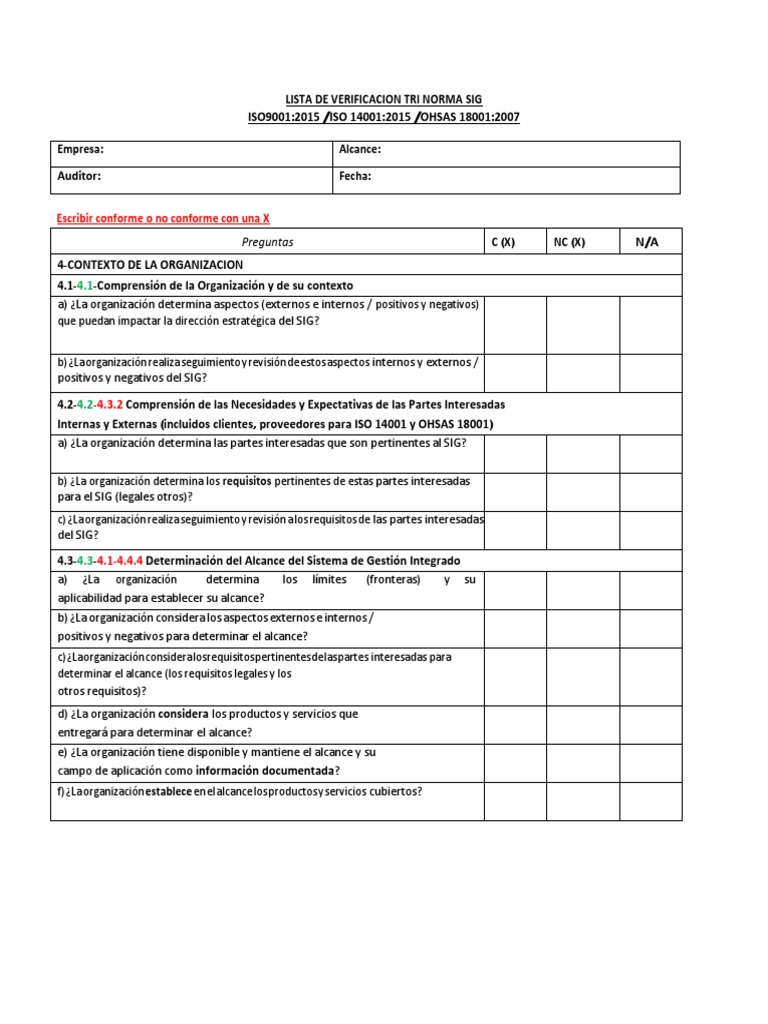 Lista de verificación tri norma SIG ISO9001:2015 /ISO 14001:2015 /OHSAS ...