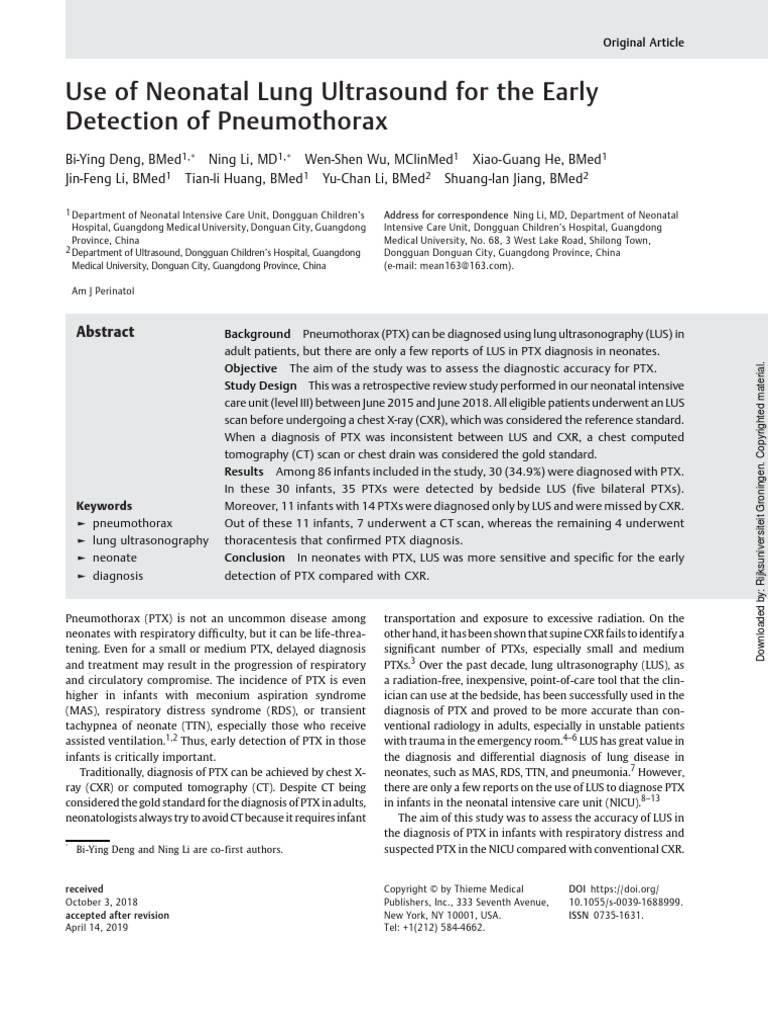 Use of Neonatal Lung Ultrasound For The Early Detection of Pneumothorax ...